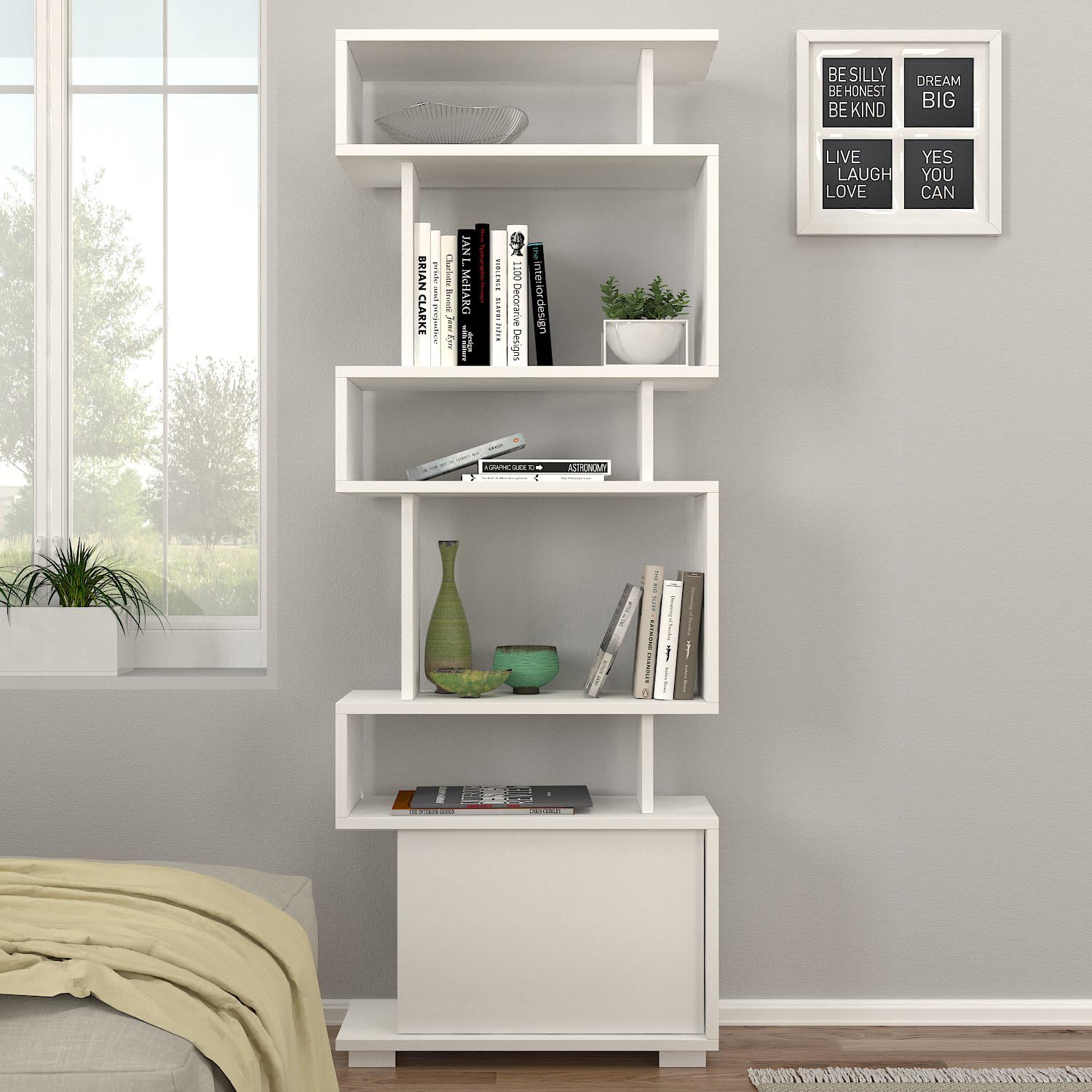DORPEK Balance Bookcase 6-Tier S-Shaped Bookshelf, Freestanding Wooden Bookcase, Modern Decorative Storage Display Shelf for Living Room & Bedroom, White