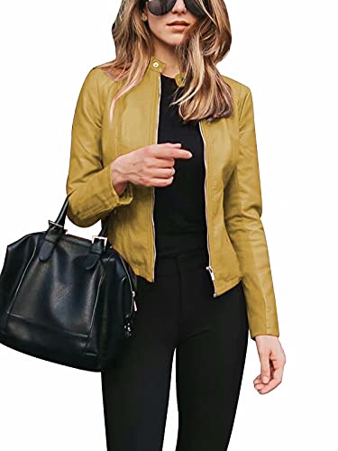Ladies Leather Jacket Motor Biker Jacket Women Vintage Short Coat Outwear S Yellow