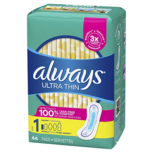 Always Ultra Thin Pads for Women, Size 1 Regular Absorbency Without Wings Unscented, 44 Count x 3 Packs (132 Count total)