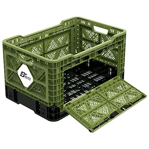 Bigant Heavy Duty Collapsible & Stackable Plastic Milk Crate-Medium Size, Olive, Stackable Open Front Organizer, Set of 1, Snap Lock Foldable Industrial Garage Storage Bin Container Utility Basket