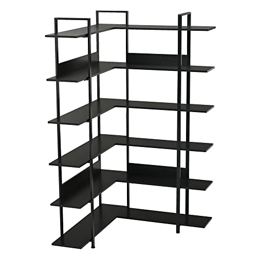 Bellemave 6-Tier Corner Bookshelf, L-Shaped Bookcase Freestanding Storage Shelves with Metal Frame, Triangle Shelf Adjustable Foot Pads for Living Room, & Small Spaces (Black)