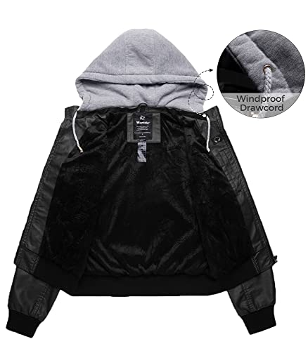 wantdo Womens Plus Size Faux Leather Jacket Outwear with Removable Hood Black XXX-Large