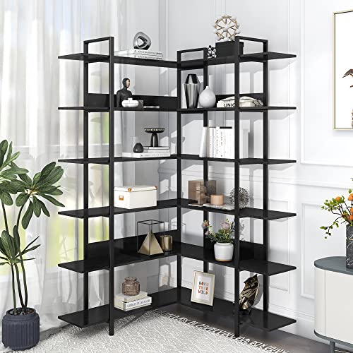 Bellemave 6-Tier Corner Bookshelf, L-Shaped Bookcase Freestanding Storage Shelves with Metal Frame, Triangle Shelf Adjustable Foot Pads for Living Room, & Small Spaces (Black)