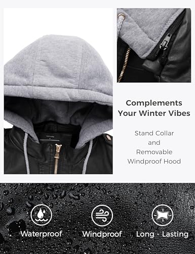 wantdo Womens Plus Size Faux Leather Jacket Outwear with Removable Hood Black XXX-Large