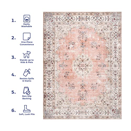 nuLOOM Ren Vintage Floral Machine Washable Area Rug, 5' x 8', Peach