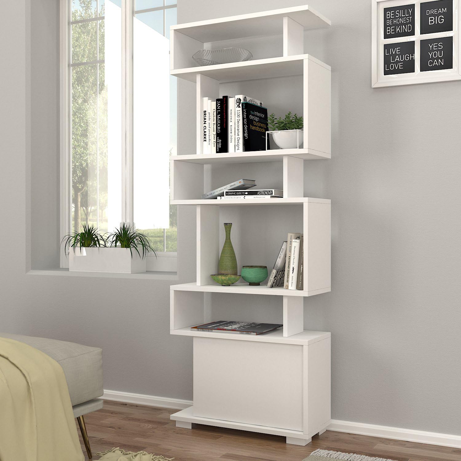 DORPEK Balance Bookcase 6-Tier S-Shaped Bookshelf, Freestanding Wooden Bookcase, Modern Decorative Storage Display Shelf for Living Room & Bedroom, White