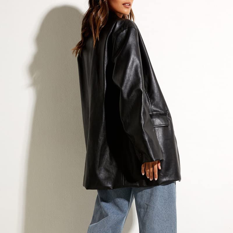 ABYOVRT Women Leather Jacket Oversized Faux Leather Blazer Button Down Lapel Coat with Pockets Vintage Streetwear (Black,Small)