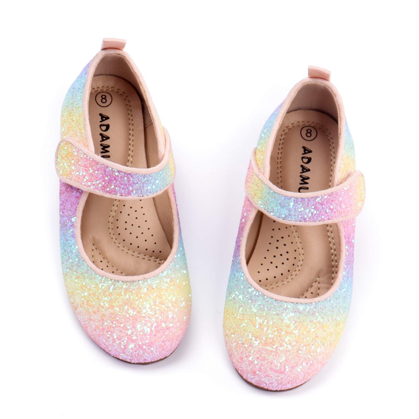 ADAMUMU Flower Girls Dress Shoes Toddler Glitter Rainbow Ballerina Flats Sparkly Mary Jane Slip on Shoes in Wedding Party Holiday Wearing