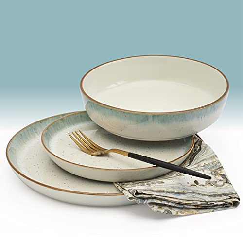 Tabletops Gallery Speckled Farmhouse Collection- Stoneware Dishes Service for 4 Dinner Salad Appetizer Dessert Plate Bowls, 12 Piece Hanover Dinnerware Set in Teal