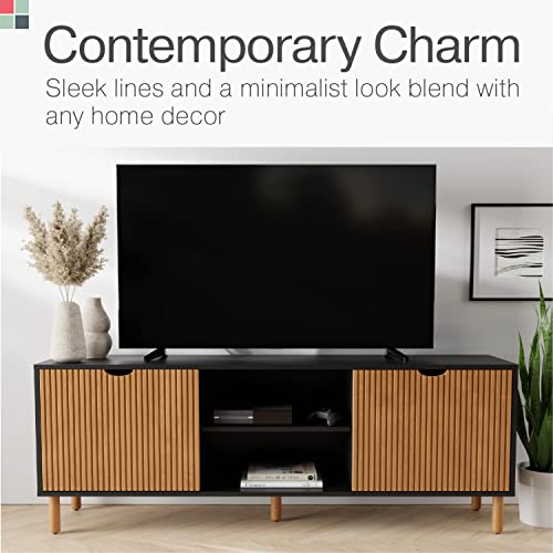 Stead Contemporary Fluted TV Stand 2023 Collection- 70” Entertainment Center Console Table with Storage for Living Room - Fits 32 to 80" TVs (Black and Oak)