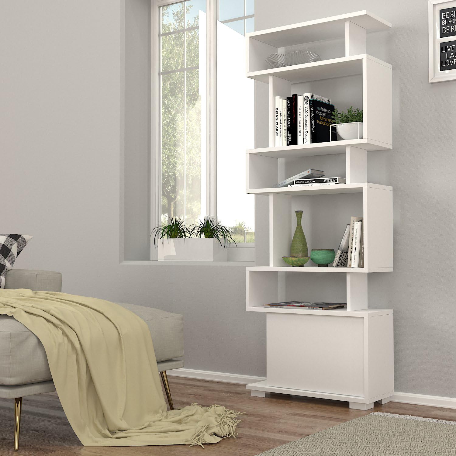 DORPEK Balance Bookcase 6-Tier S-Shaped Bookshelf, Freestanding Wooden Bookcase, Modern Decorative Storage Display Shelf for Living Room & Bedroom, White
