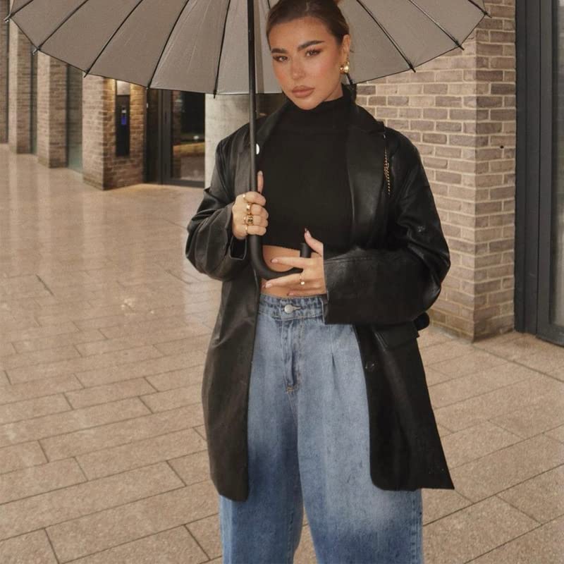 ABYOVRT Women Leather Jacket Oversized Faux Leather Blazer Button Down Lapel Coat with Pockets Vintage Streetwear (Black,Small)