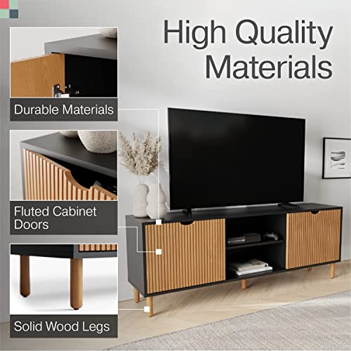 Stead Contemporary Fluted TV Stand 2023 Collection- 70” Entertainment Center Console Table with Storage for Living Room - Fits 32 to 80" TVs (Black and Oak)