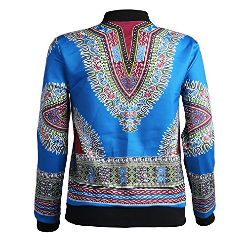 DONTAL Women Dashiki Coat Retro Long Sleeve African Print Short Casual Jacket Autumn Outwear Blue