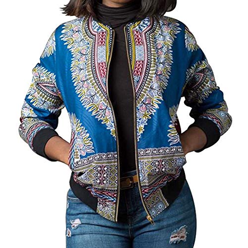 DONTAL Women Dashiki Coat Retro Long Sleeve African Print Short Casual Jacket Autumn Outwear Blue