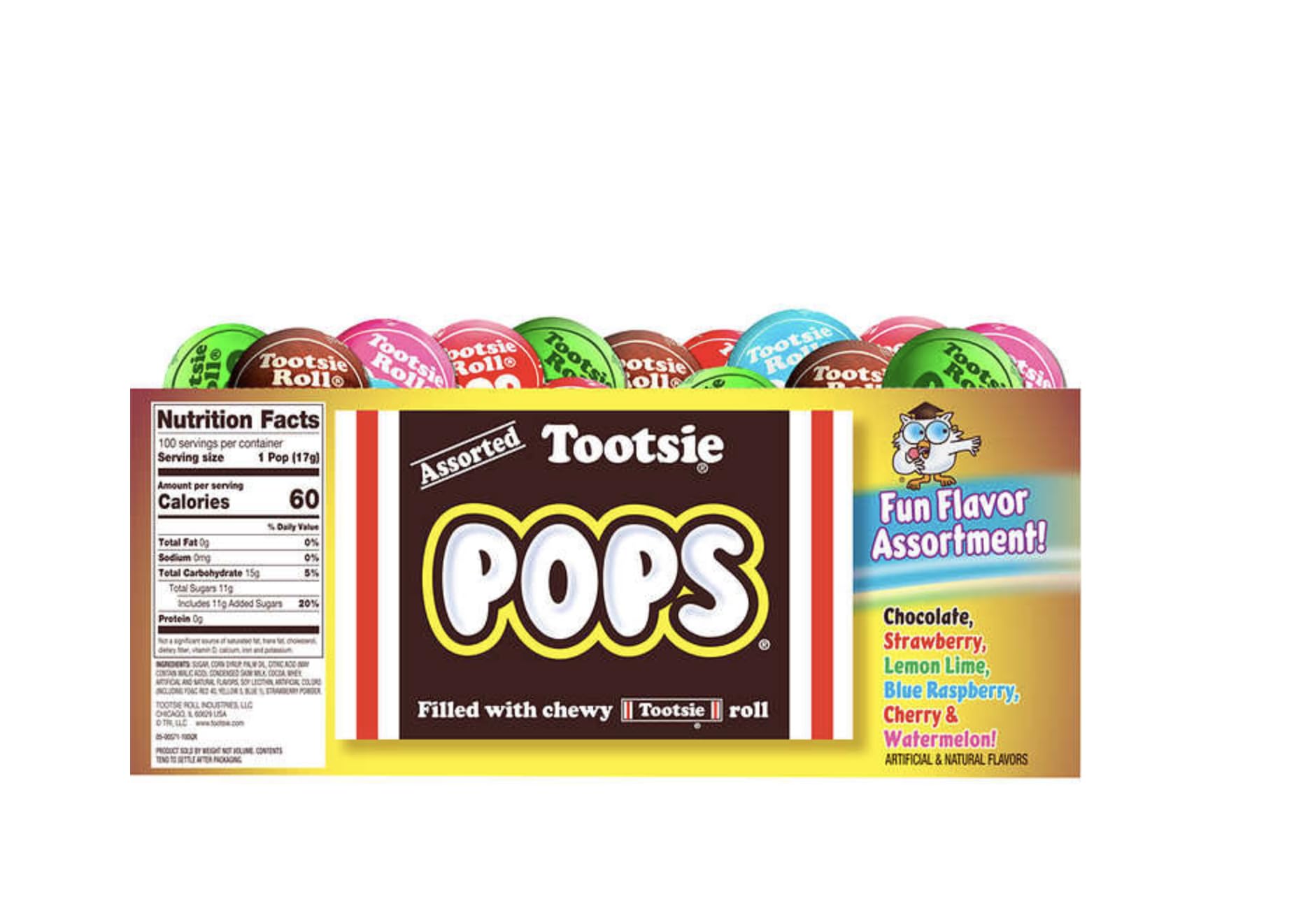 Tootsie 0508 Tootsie Pops, 0.6 oz, Assorted Flavors, 100/Box
