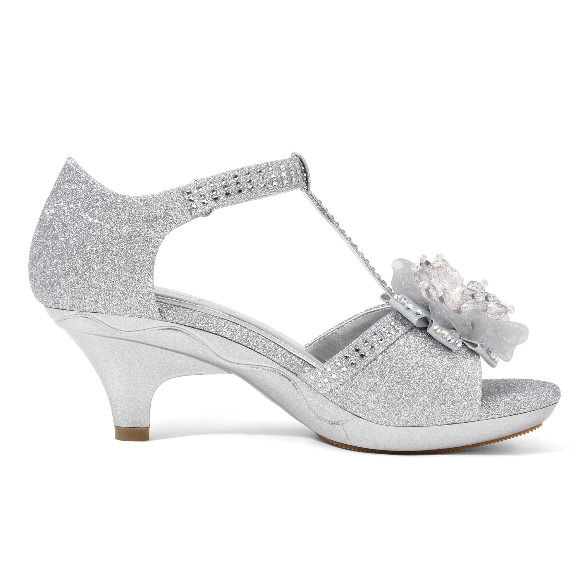 DREAM PAIRS Girls Low Heel Dress Pump Sandal Ankle T Strap Flower Silver - 2 Little Kid