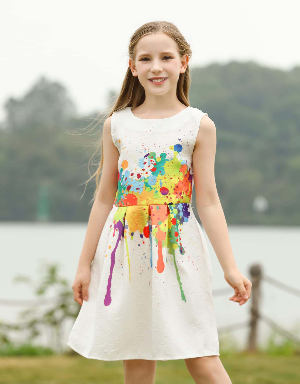 21KIDS Creative Art Colorful Paint Print Dress for Summer Girls Casual Size,8,Art Paint