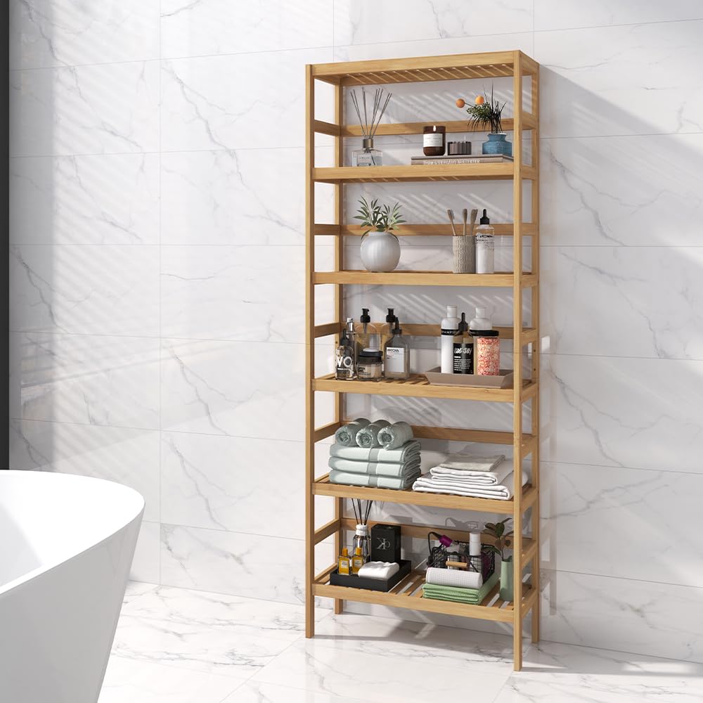 HLXZN 6 Tier Bamboo Freestanding Shelf Unit, Multifunctional Bookshelf Bookcase for Bathroom, Kitchen, Living Room, Office