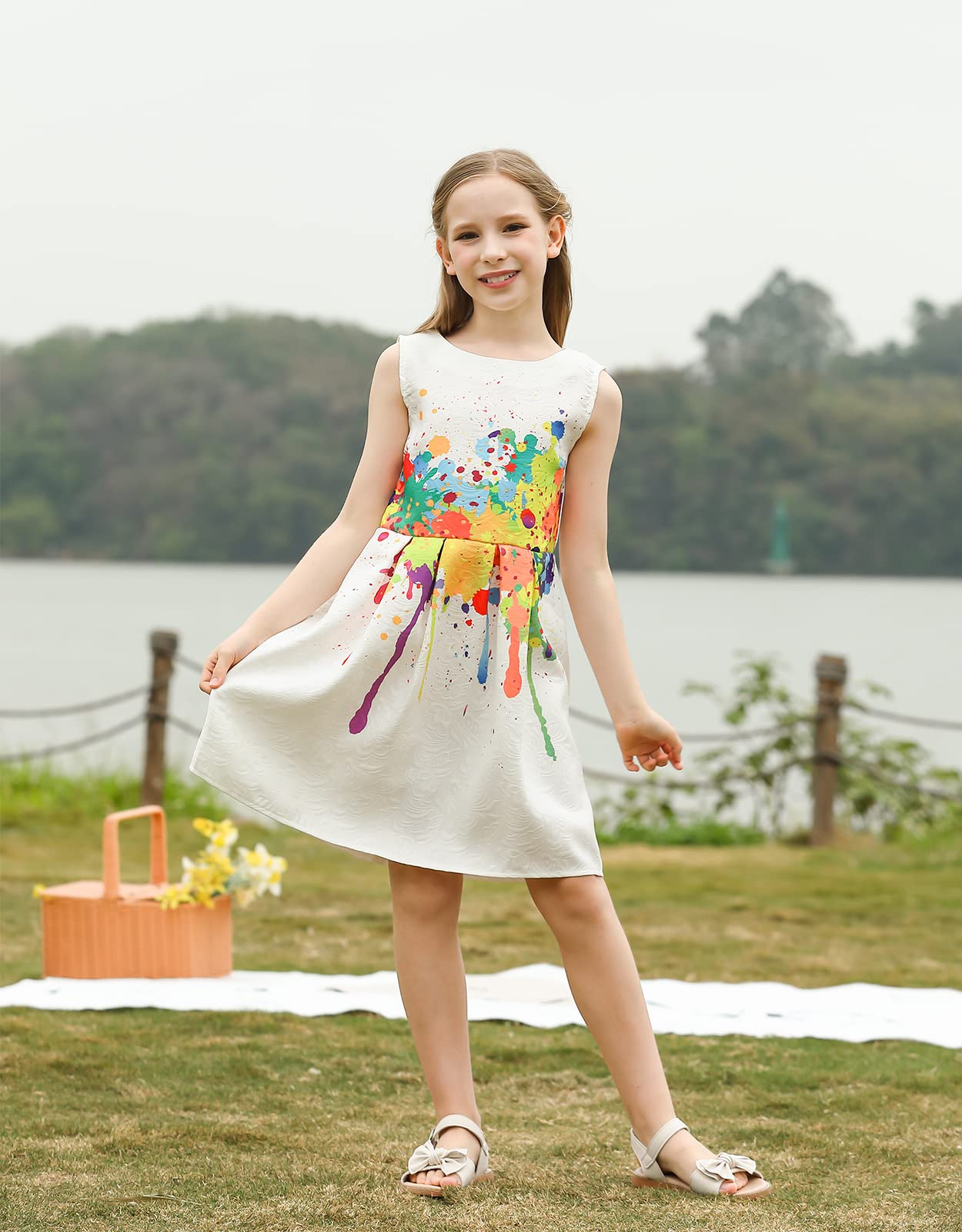 21KIDS Creative Art Colorful Paint Print Dress for Summer Girls Casual Size,8,Art Paint