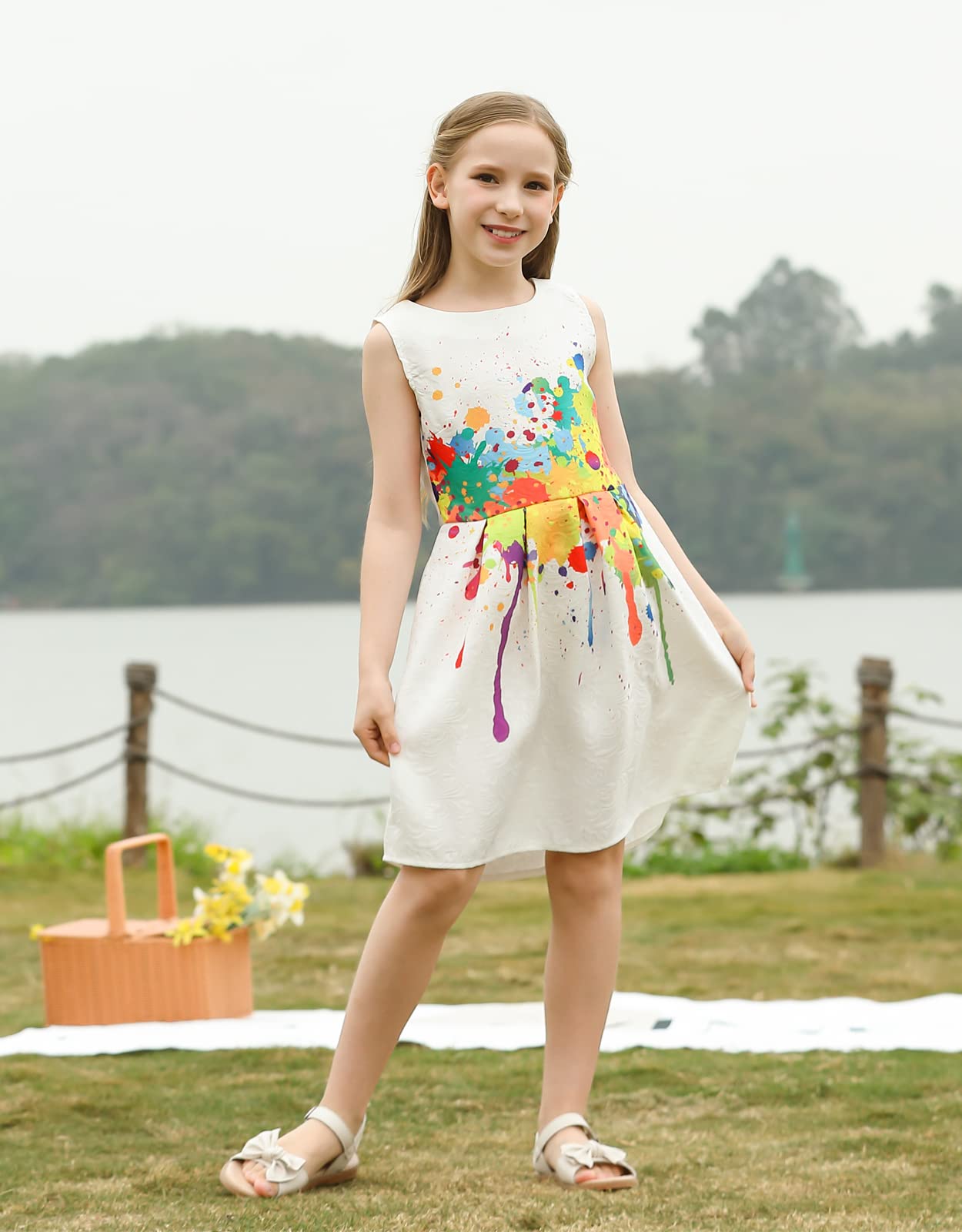 21KIDS Creative Art Colorful Paint Print Dress for Summer Girls Casual Size,8,Art Paint