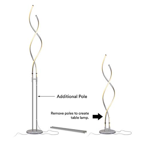 Brightech Embrace Dimmable LED Floor Lamp – Modern Spiral Adjustable Standing Lamp for Living Rooms & Offices – 2-in-1 Tall End Table Lamp for Bedroom Reading - Silver