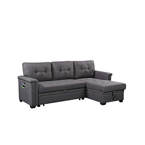 Lilola Home Ashlyn Dark Gray Reversible Sleeper Sectional Sofa with Storage Chaise, USB Charging Ports and Pocket