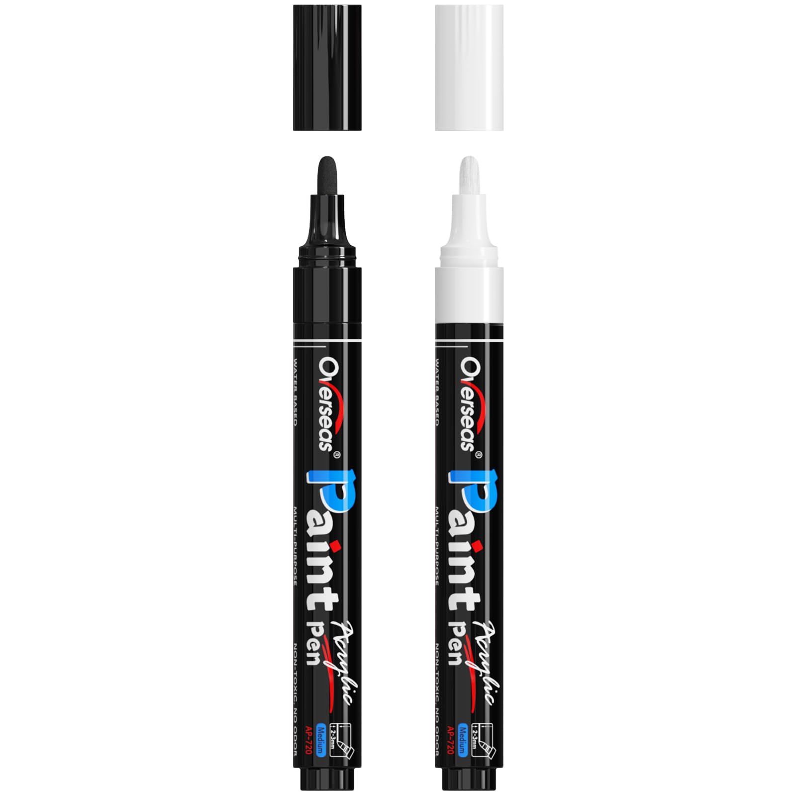 Overseas White & Black Paint Pens Paint Markers - Permanent Acrylic Markers 2 Pack,Water Based,Quick Dry,Waterproof Paint Marker Pen for Rock,Wood,Plastic,Metal,Canvas,Glass,Fabric,Mugs. Medium Tip