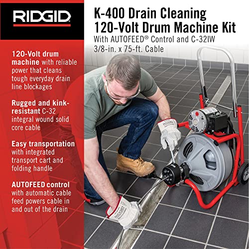 RIDGID K-400 Drain Cleaning 115-Volt Drum Machine Kit with AUTOFEED Control and C-32IW 3/8" x 75' Cable & 35473 K-45AF Sink Machine with C-1 5/16 Inch Inner Core Cable and AUTOFEED Control
