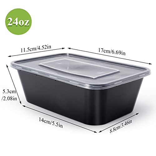 [24oz-50pack] Disposable Food Containers with Lids Plastic Black Meal Prep Storage Container for Food Microwave Safe Eco-Friendly, BPA-Free, Durable & Stackable
