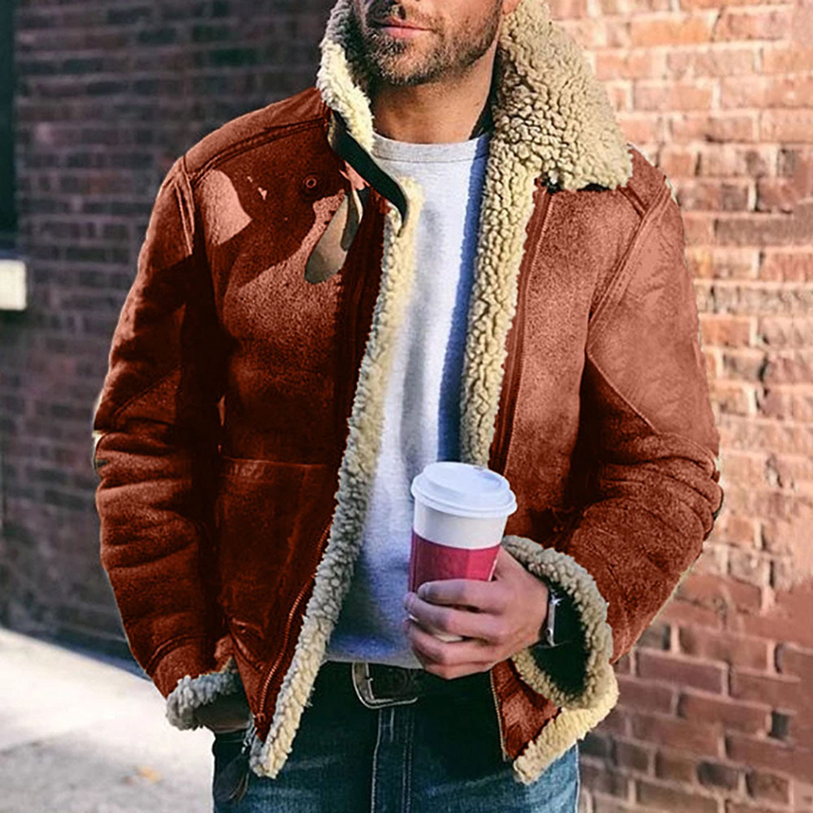 Mens Faux Leather Sherpa Fleece Lined Jackets Men Bomber Jacket Mens Winter Jackets Waterproof Big Men Leather Jacket Mens Fleece Jackets Casual Stylish