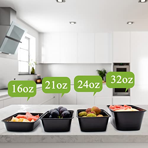 [24oz-50pack] Disposable Food Containers with Lids Plastic Black Meal Prep Storage Container for Food Microwave Safe Eco-Friendly, BPA-Free, Durable & Stackable