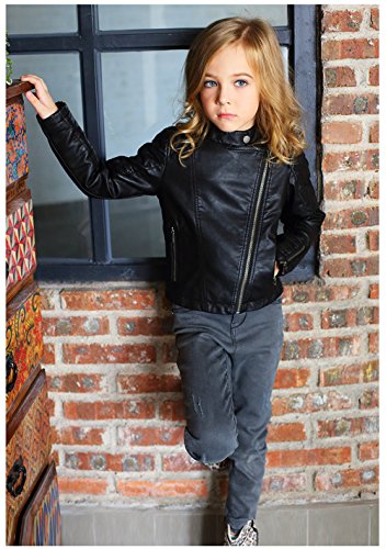 LJYH Girls Faux Leather Quilted Motorcycle Jackets Kids Spring Biker Coats Black 7/8yrs
