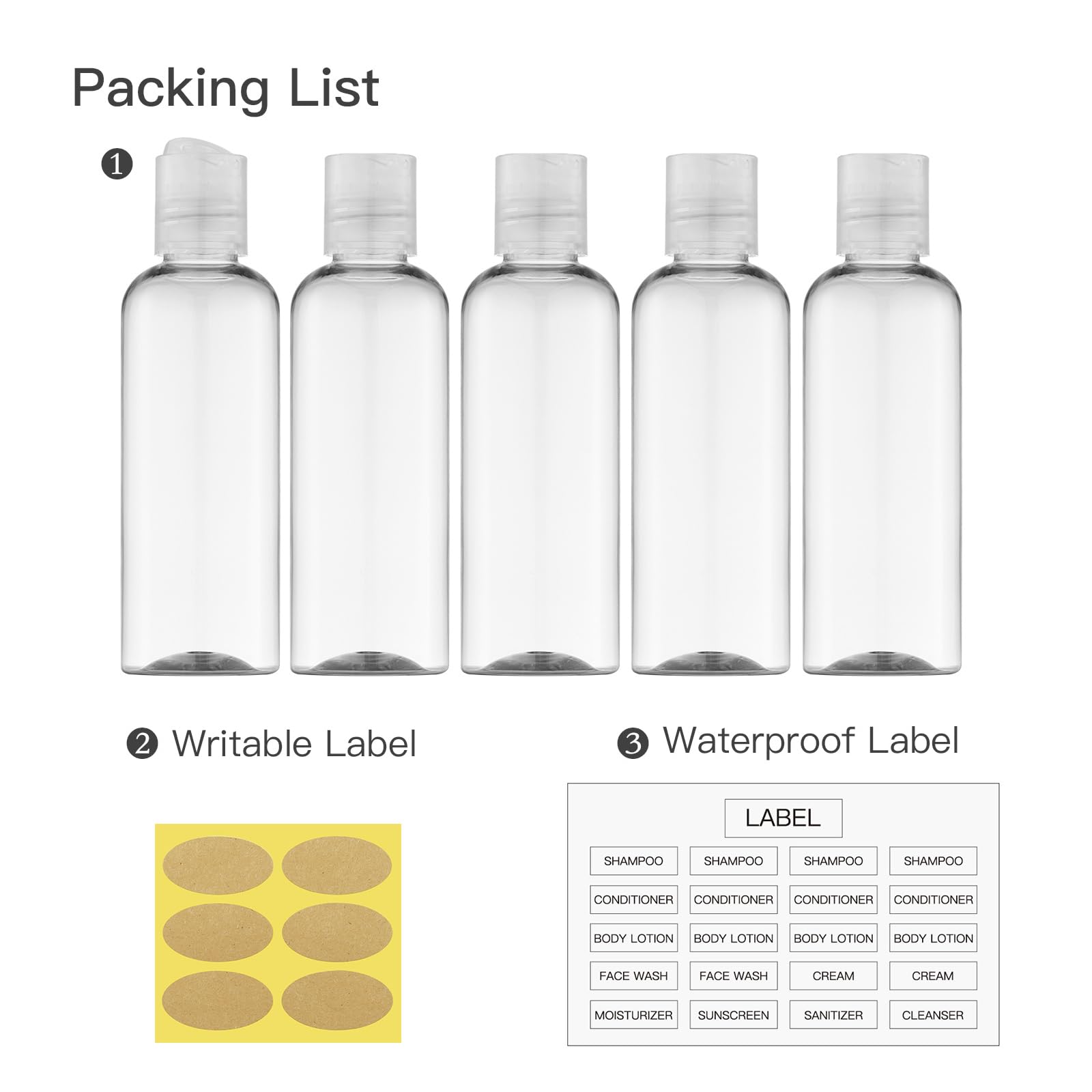 owlyee 3.4 oz Travel Bottles for Toiletries, Empty Travel Size Containers Tsa Approved, 5PCS Small Plastic Shampoo Bottles with Labels (100ml, All Clear)