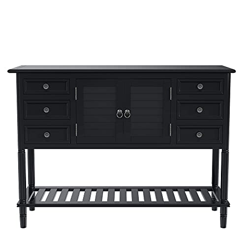 XD Designs Retro Style Sideboard Console Table, Free Standing Kitchen Storage Buffet Server Cabinet, 45 Table Sofa 6 Drawers, 1 Cabinets and Bottom Shelf (Black + MDF), 45.28Wx14.96Dx34.02H