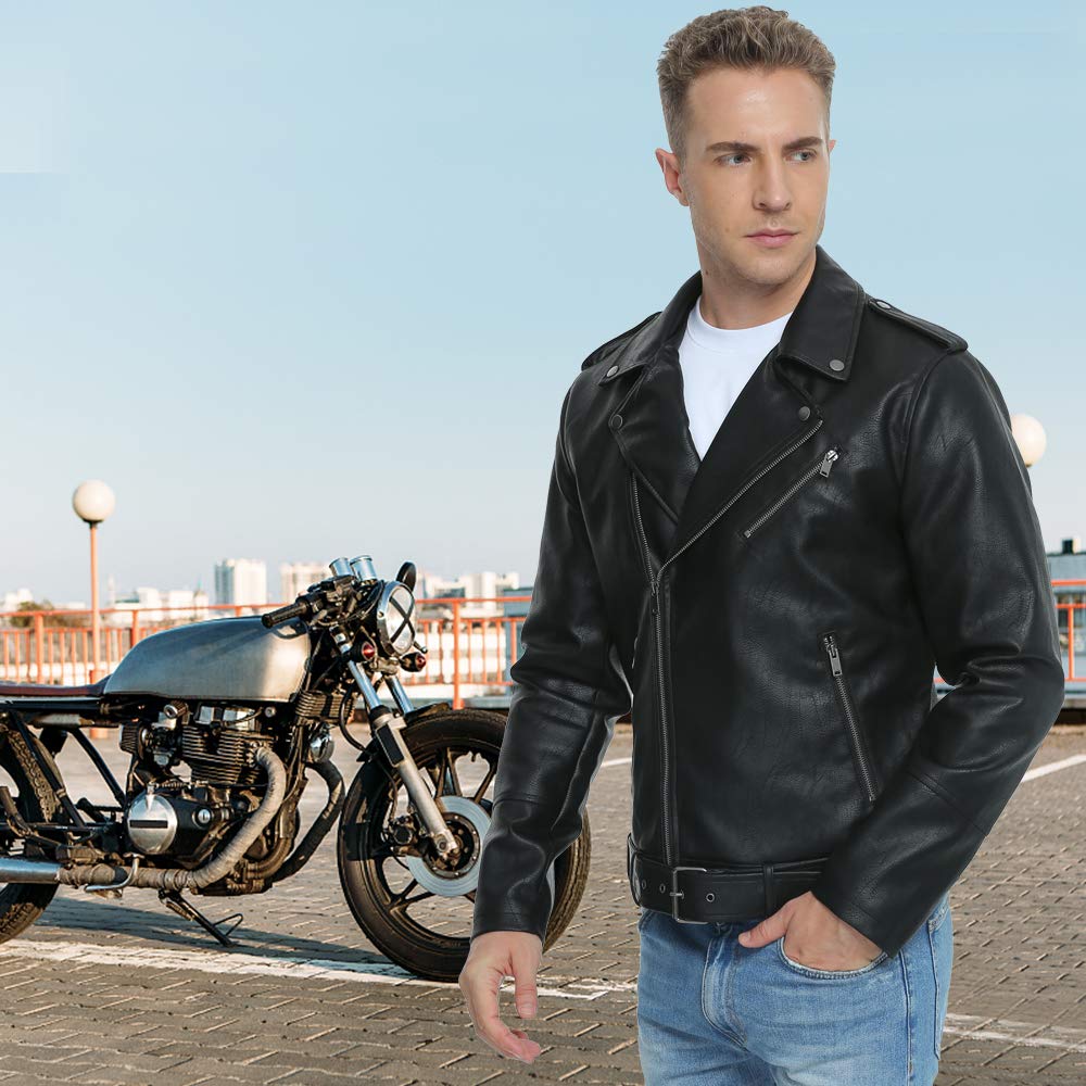 Fahsyee Leather Jackets for Men, Faux Bomber Jacket Mens Motorcycle Lapel Asymmetric Zip-Up Belt Slim Fit Biker Coat Black M