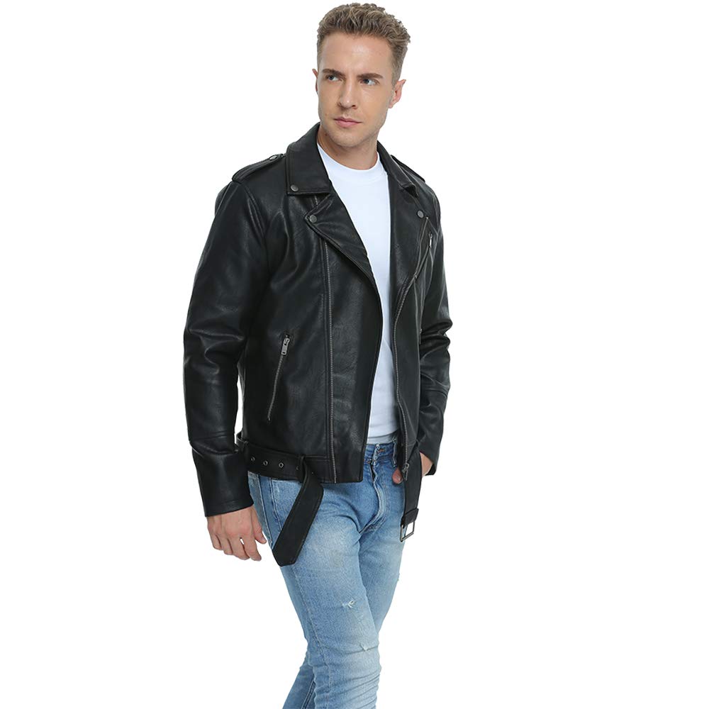 Fahsyee Leather Jackets for Men, Faux Bomber Jacket Mens Motorcycle Lapel Asymmetric Zip-Up Belt Slim Fit Biker Coat Black M