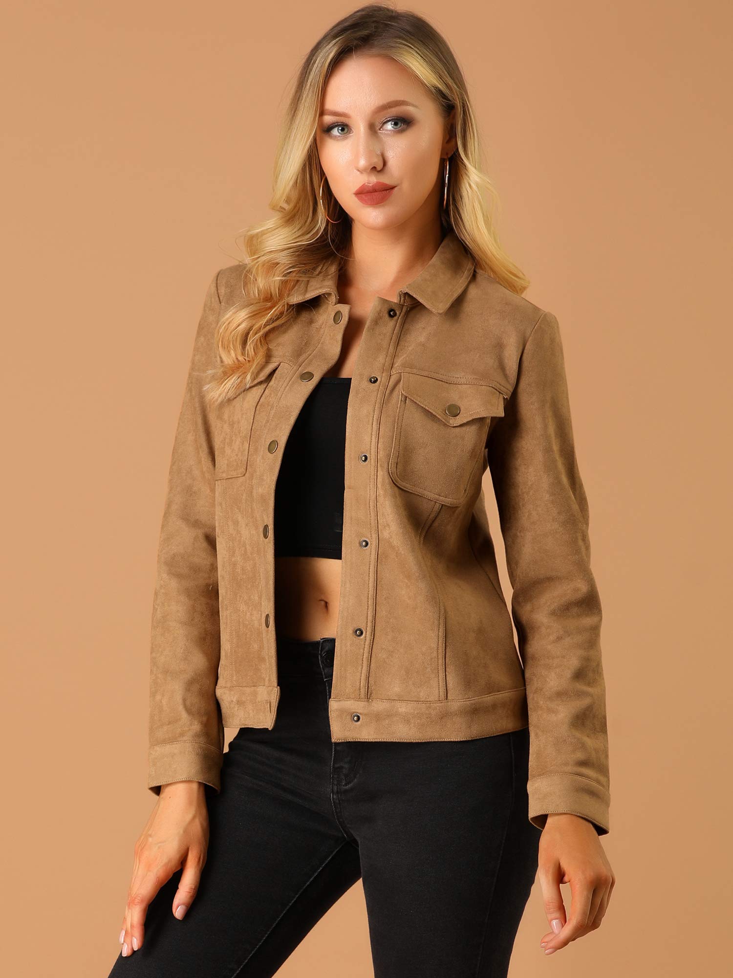 Allegra K Women's Turn-Down Collar Flap Pockets Snap Button Faux Suede Jacket Large Brown
