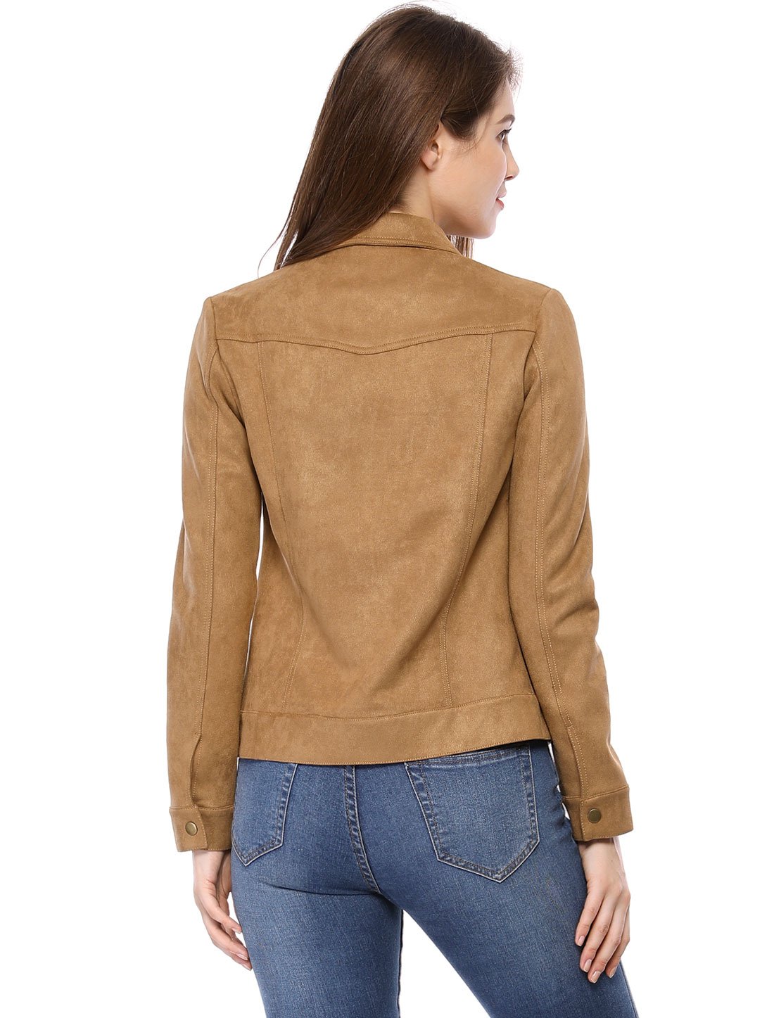Allegra K Women's Turn-Down Collar Flap Pockets Snap Button Faux Suede Jacket Large Brown