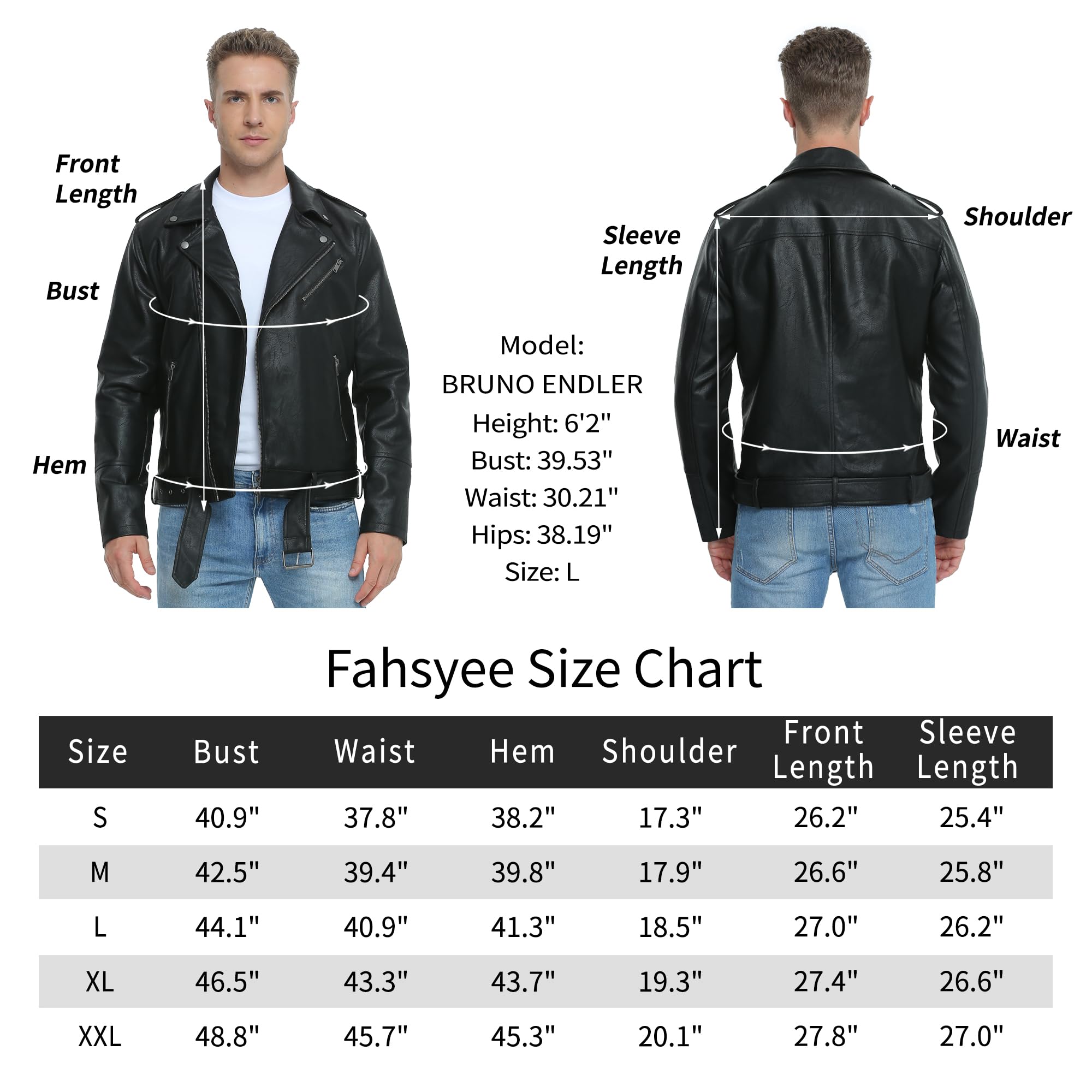 Fahsyee Leather Jackets for Men, Faux Bomber Jacket Mens Motorcycle Lapel Asymmetric Zip-Up Belt Slim Fit Biker Coat Black M