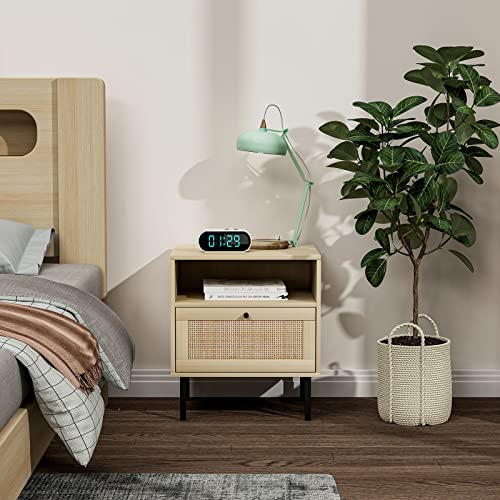Natural Rattan Nightstand, End Table, Bedside Table, Modern Side Table with 1 Hand Made Decorated Door for Living Room, Bedroom