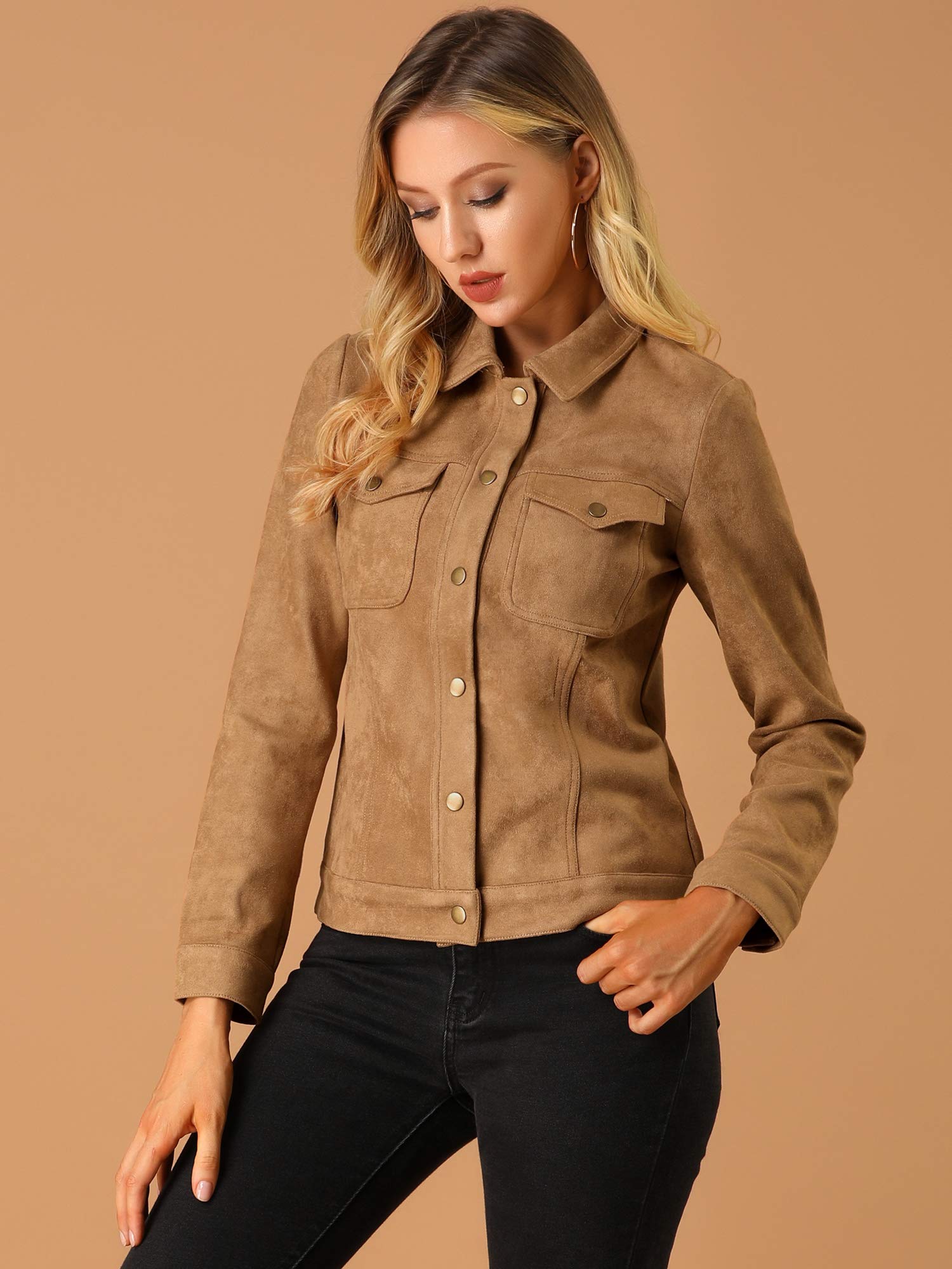 Allegra K Women's Turn-Down Collar Flap Pockets Snap Button Faux Suede Jacket Large Brown