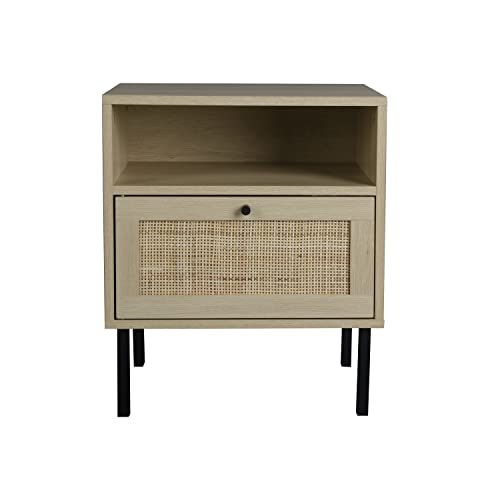 Natural Rattan Nightstand, End Table, Bedside Table, Modern Side Table with 1 Hand Made Decorated Door for Living Room, Bedroom
