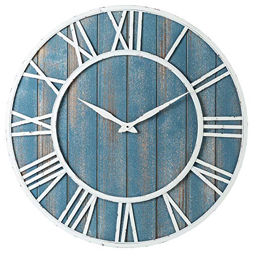 36" Coastal Wall Clock - Metal & Solid Wood Noiseless Weathered Beach Blue Wall Clock