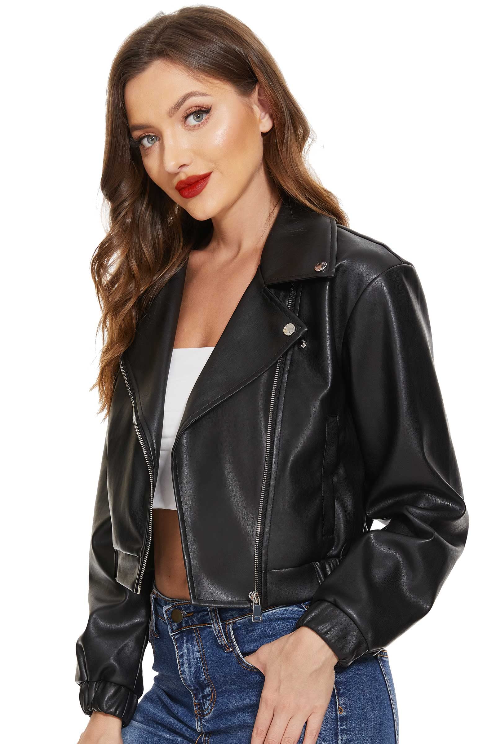 Fahsyee Faux Leather Jacket Women - Black Motorcycle Short Coat Moto Biker Blazer Plus Size Casual Pleather Jackets Fashion L