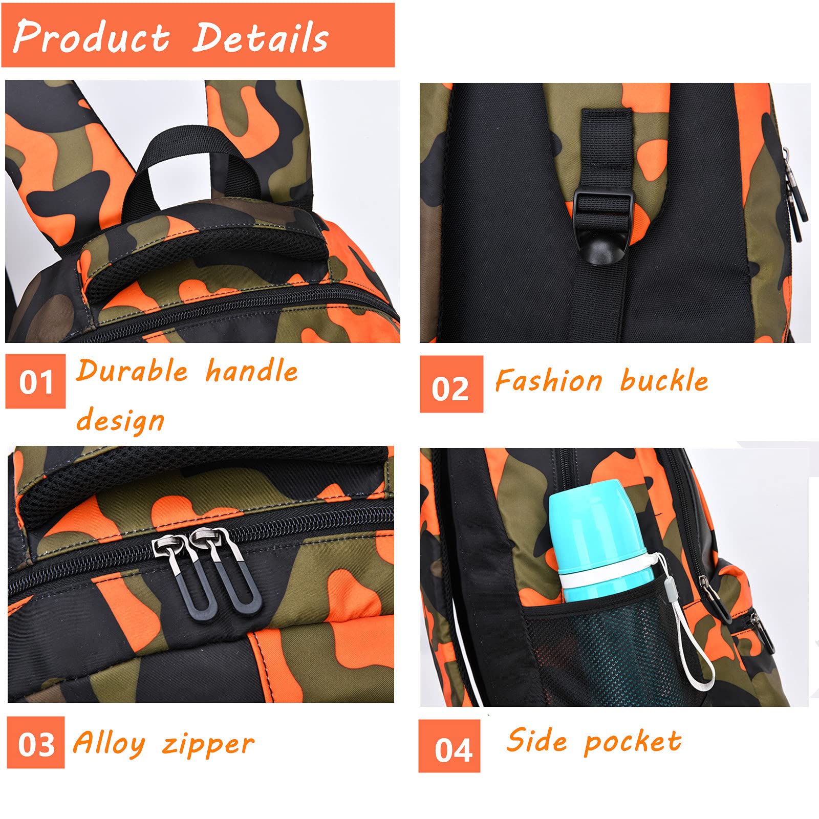 Ladyzone Camo School Backpack Lightweight Schoolbag Travel Camp Outdoor Daypack (Camo Orange) LZ003 One Size