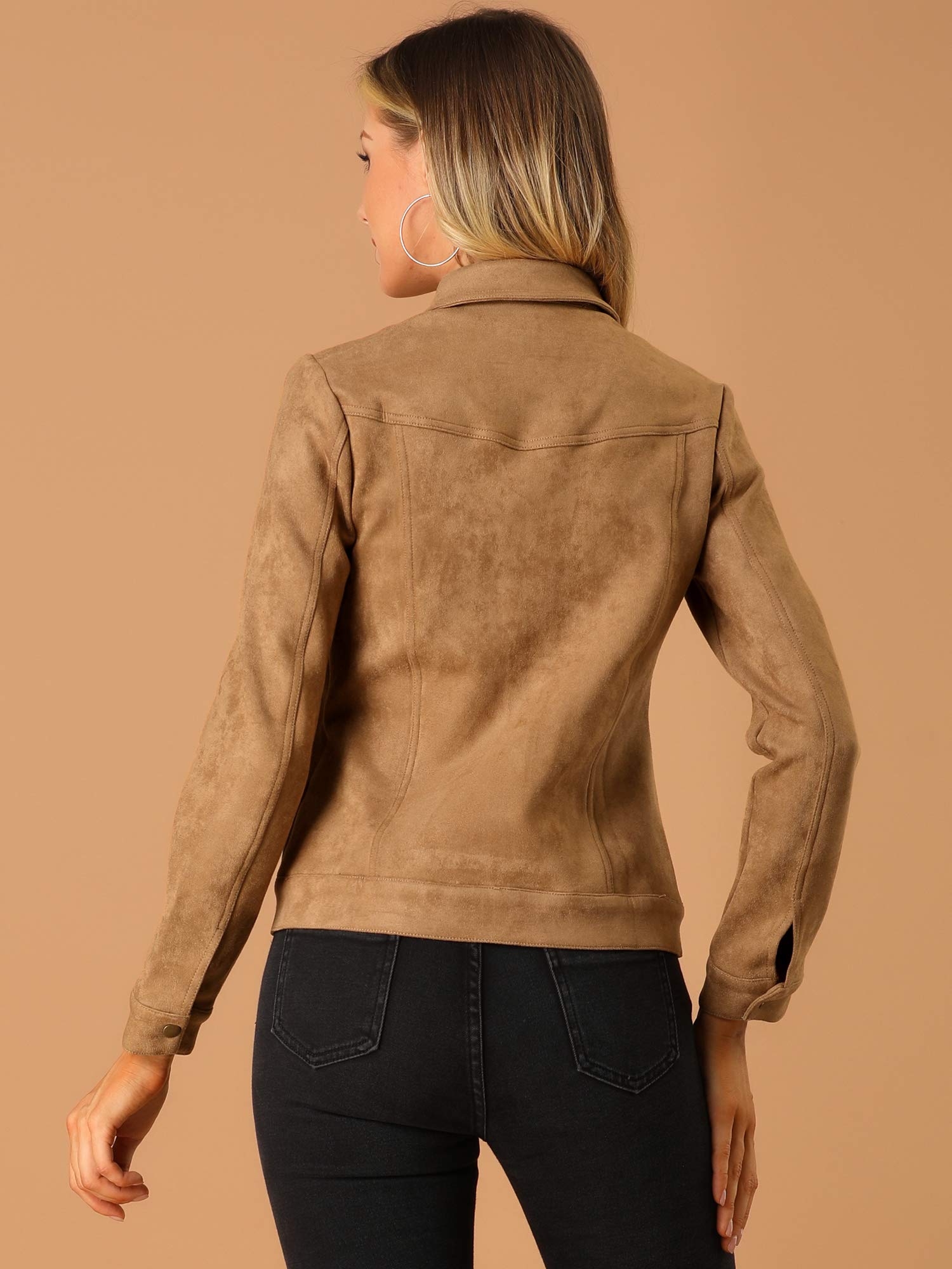 Allegra K Women's Turn-Down Collar Flap Pockets Snap Button Faux Suede Jacket Large Brown