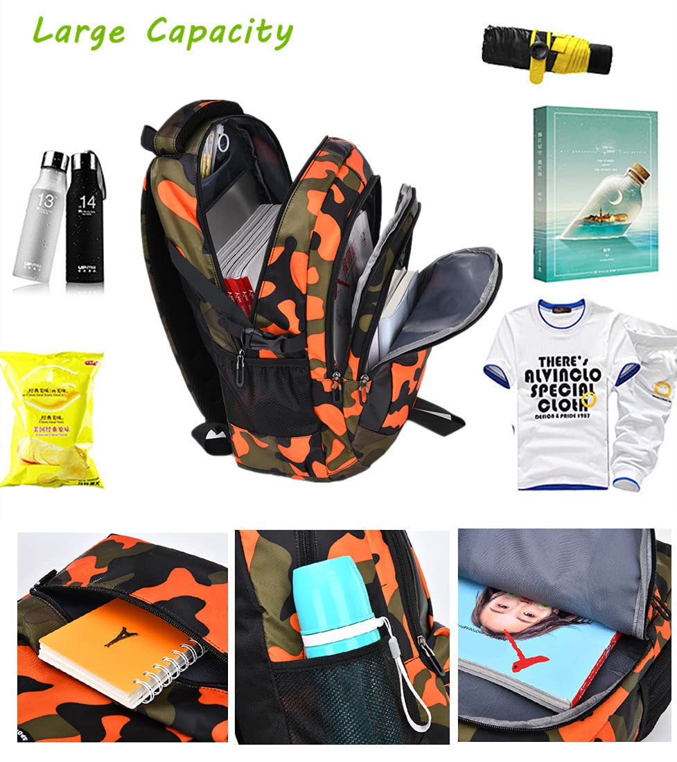 Ladyzone Camo School Backpack Lightweight Schoolbag Travel Camp Outdoor Daypack (Camo Orange) LZ003 One Size