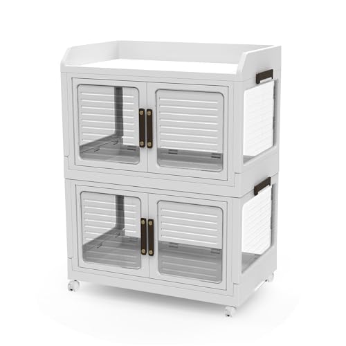 ECOWEEPUT Storage Bins with Lids-54 Gal Stackable Storage Containers, Foldable Storage Cabinet, Collapsible Storage Box with Wheels, Plastic Closet Organizers for Home Storage (2 Pack)