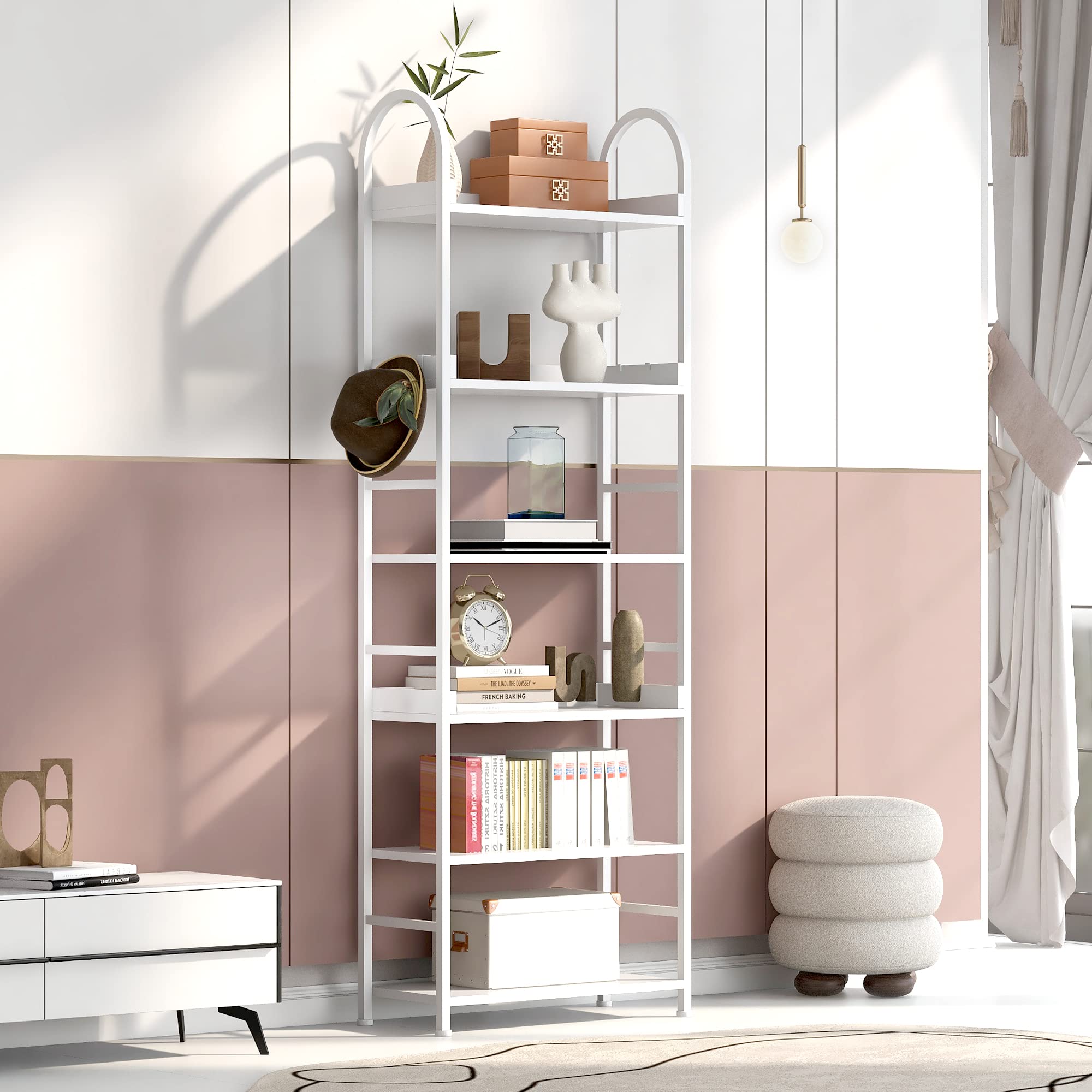 CITYLIGHT 6-Tier Open Bookshelf, 70.8" Tall Wood Storage Bookshelf with Metal Frame, Freestanding Display Rack Tall Shelving with Round Top Frame and Adjustable Foot Pads (White)
